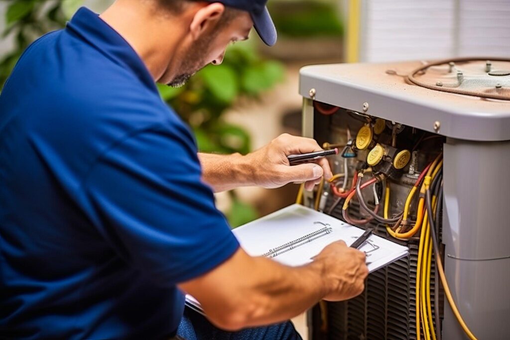 HVAC professional doing a routine AC unit inspection - Christiansonco